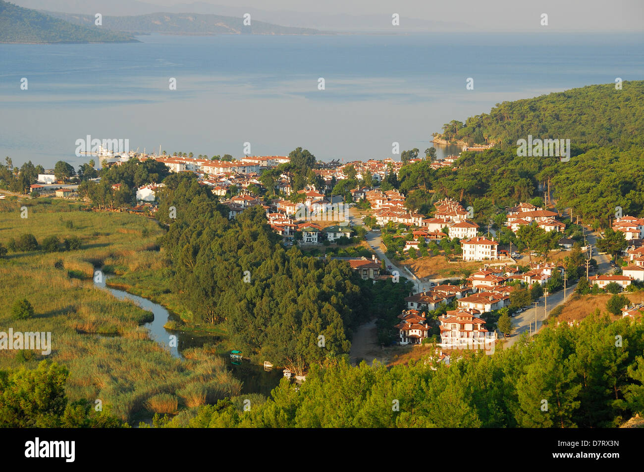 AKYAKA, TURKEY. An elevated view of the town, the Azmak River, the ...