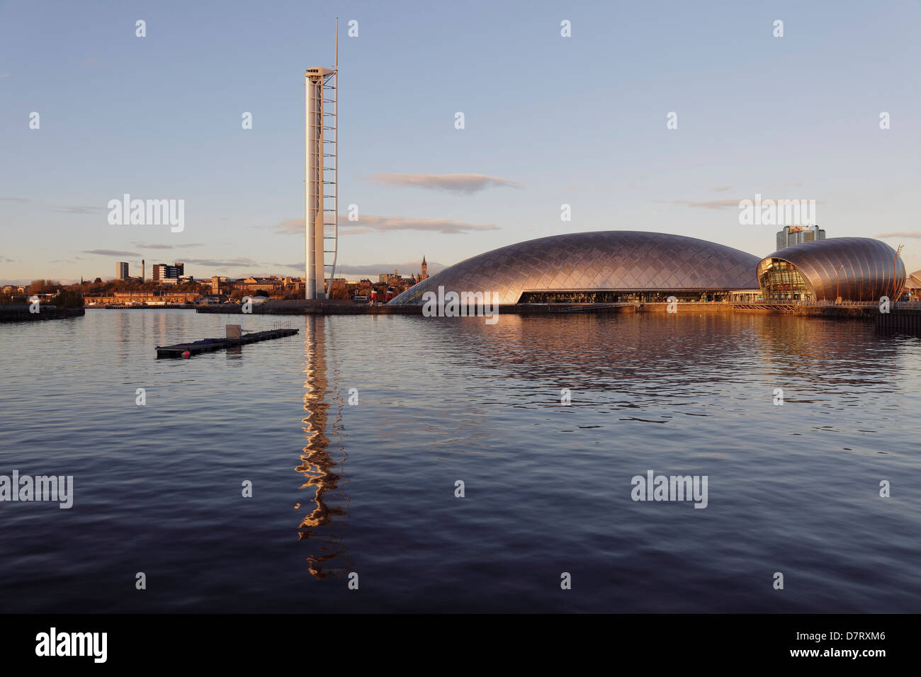 View North across the Canting Basin to Pacific Quay at dusk, Glasgow ...