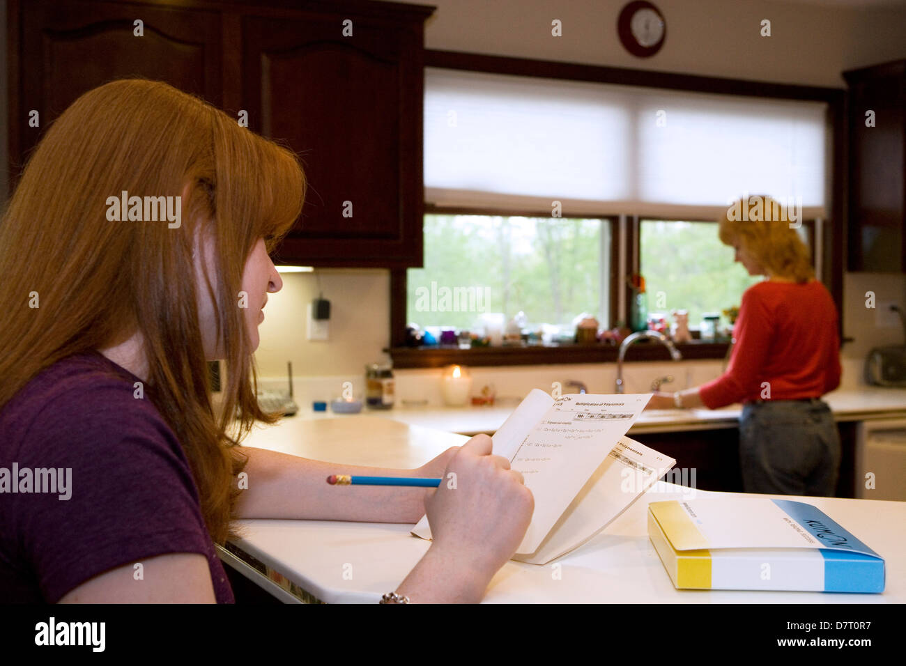 student doing homework in kitchen with parent Stock Photo - Alamy