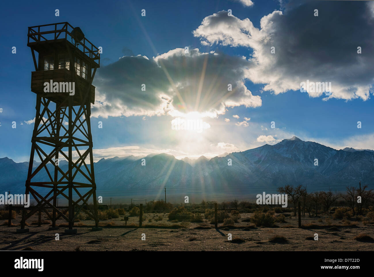 USA, California, View at Manzanar Historic Site with silhouette of ...