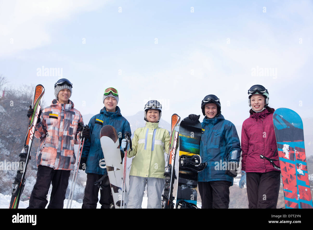 Group of Snowboarders in Ski Resort, portrait Stock Photo - Alamy