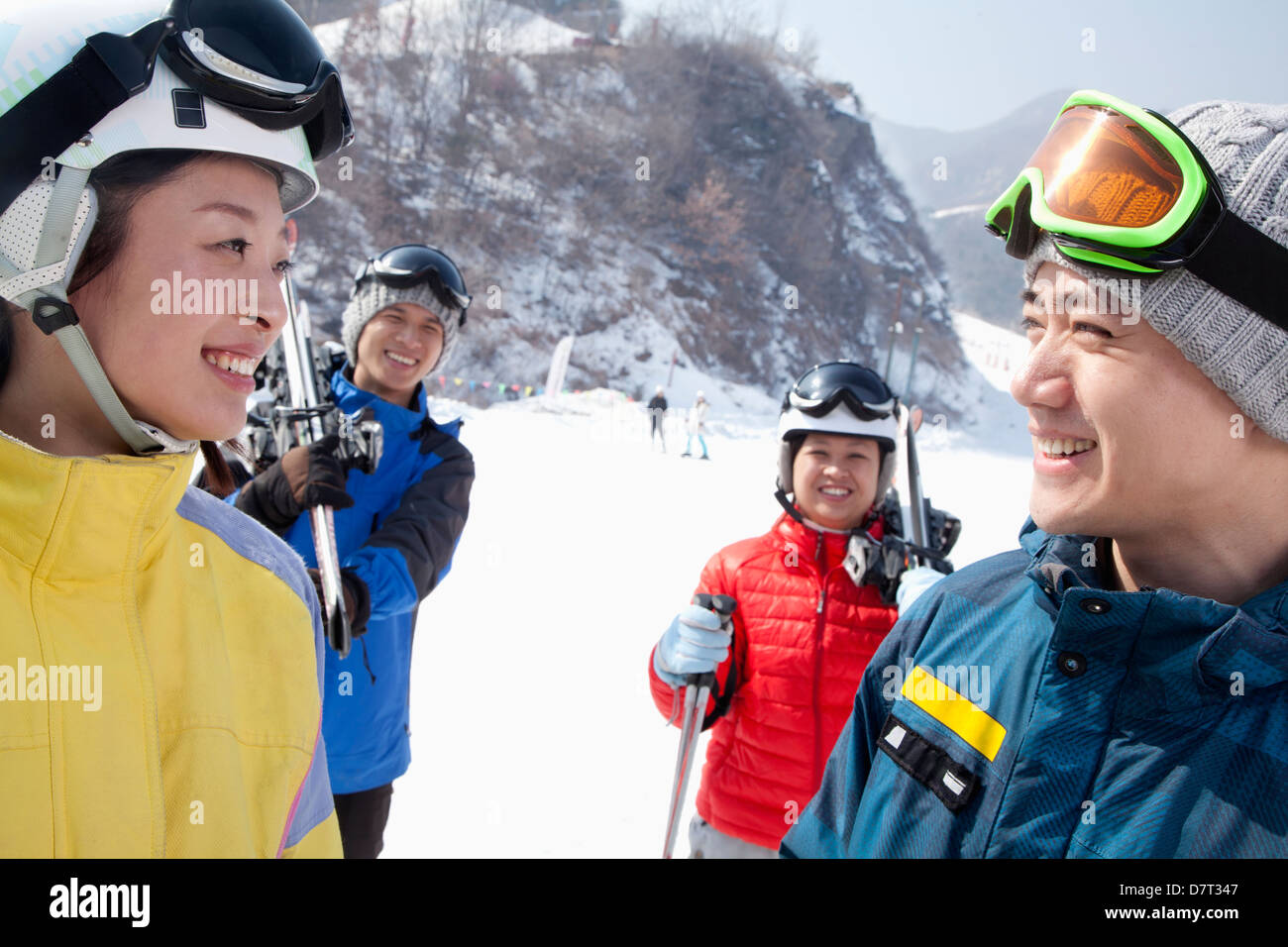 Group of Friends in Ski Resort Stock Photo - Alamy