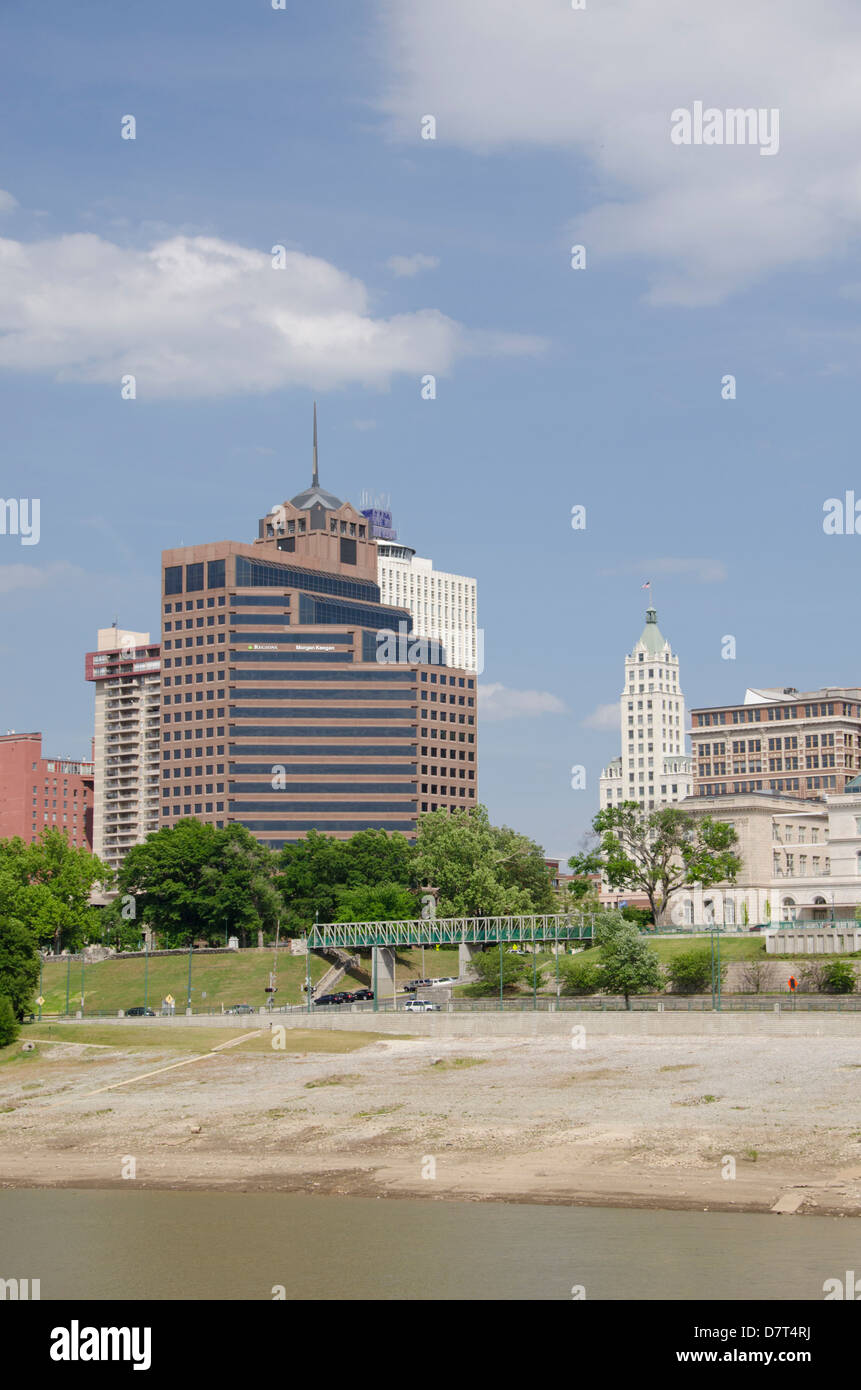 Tennessee, Memphis. Memphis city skyline and riverboat port area from ...