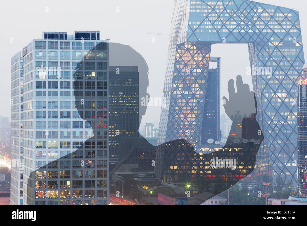 Businessman looking at CCTV building in Beijing, Double exposure Stock ...