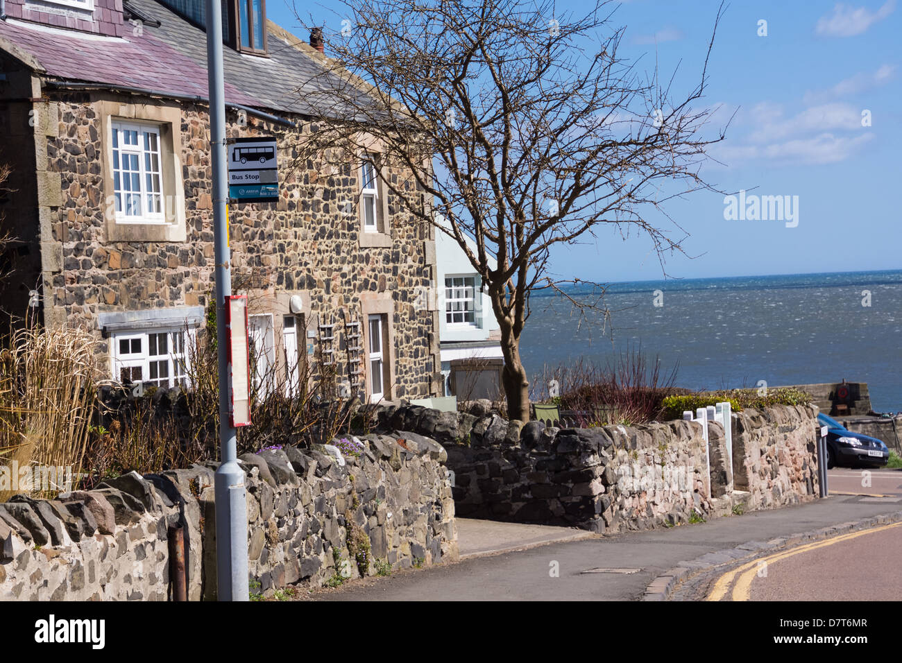 A bus stop at the small fishing village of Craster in Northumberland ...