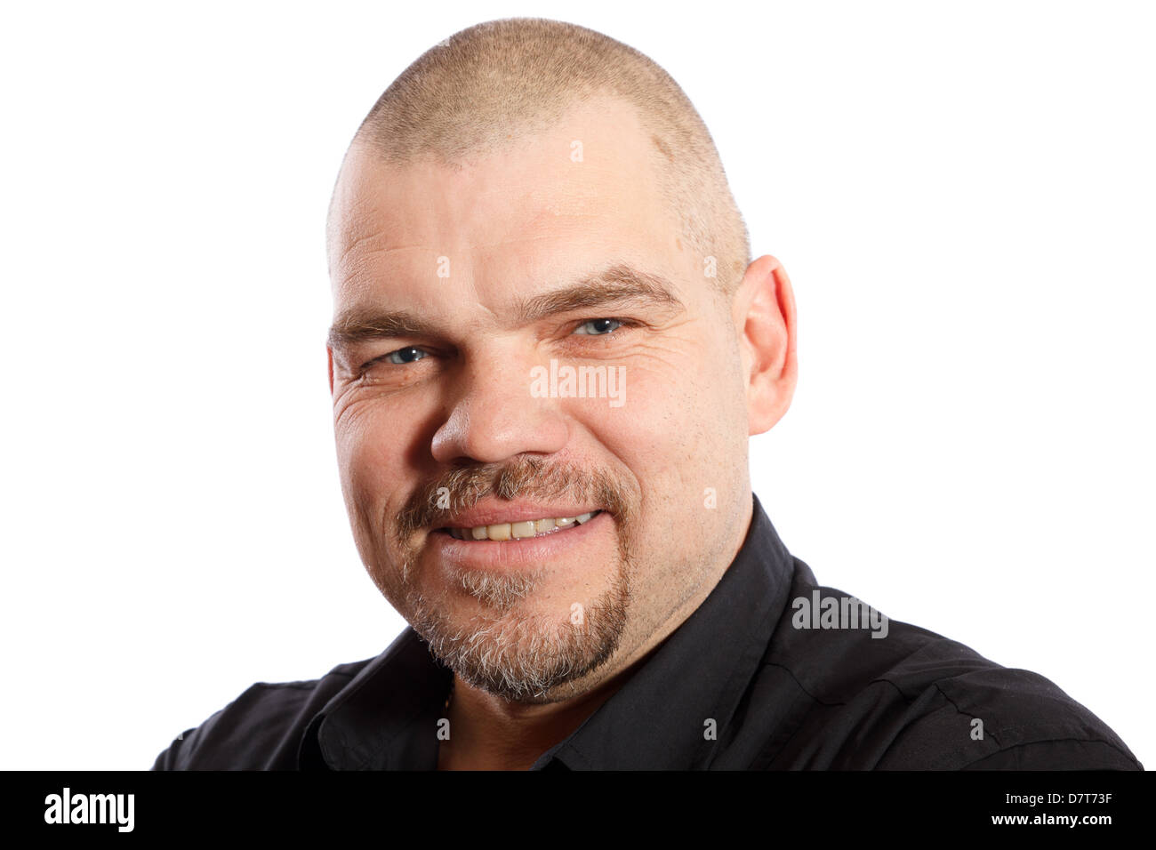 Portrait of smiling man with a stylish beard and short hair on a white ...