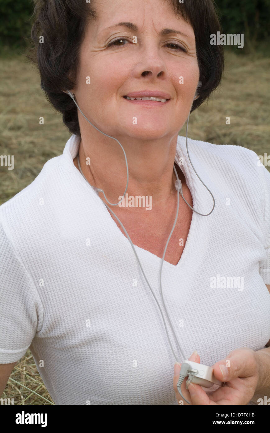 senior, woman,happy retirement, relax, ipod, hay, countryside, active ...