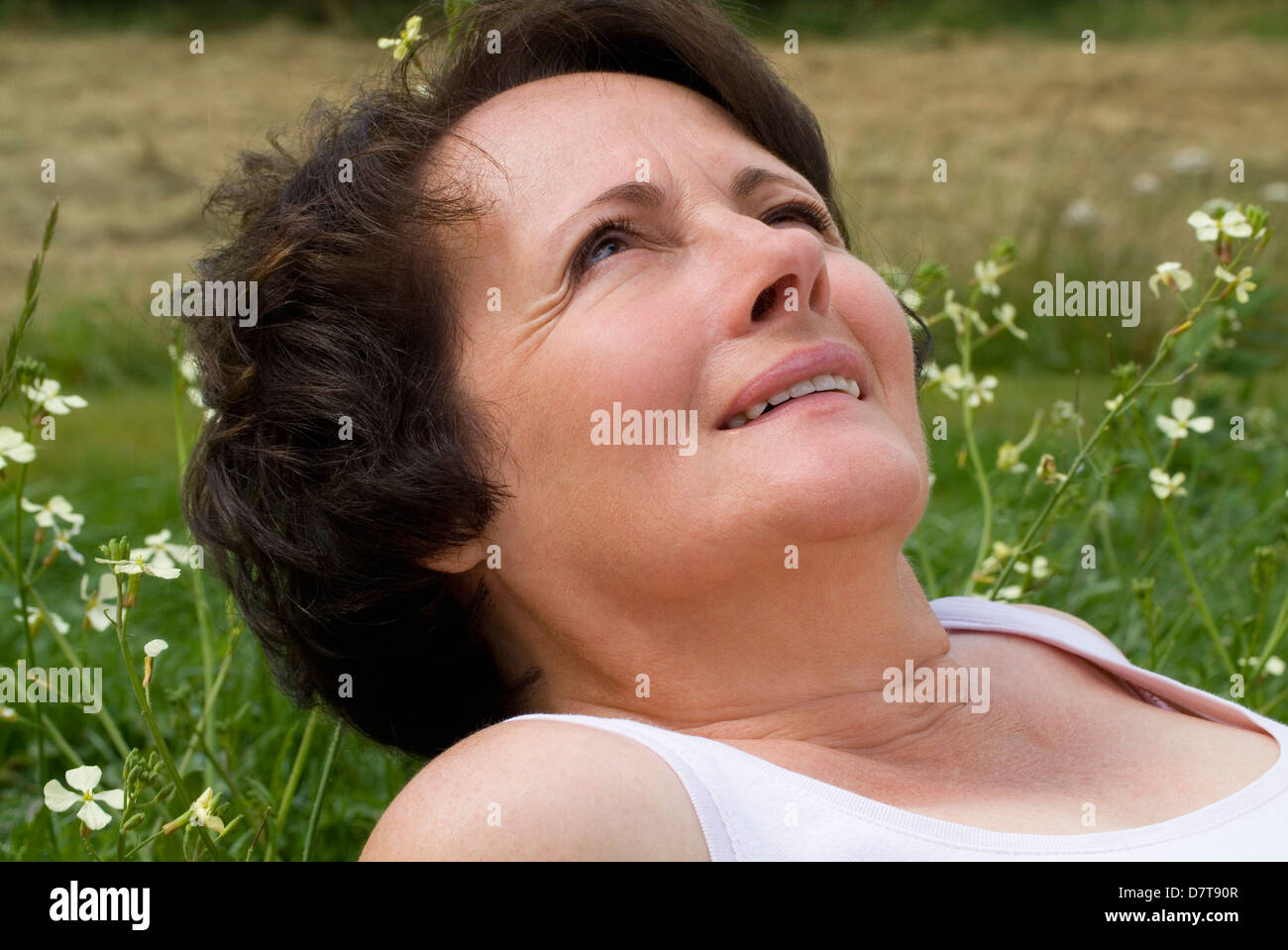senior, woman,happy retirement, relax, portrait, grass, garden, park ...