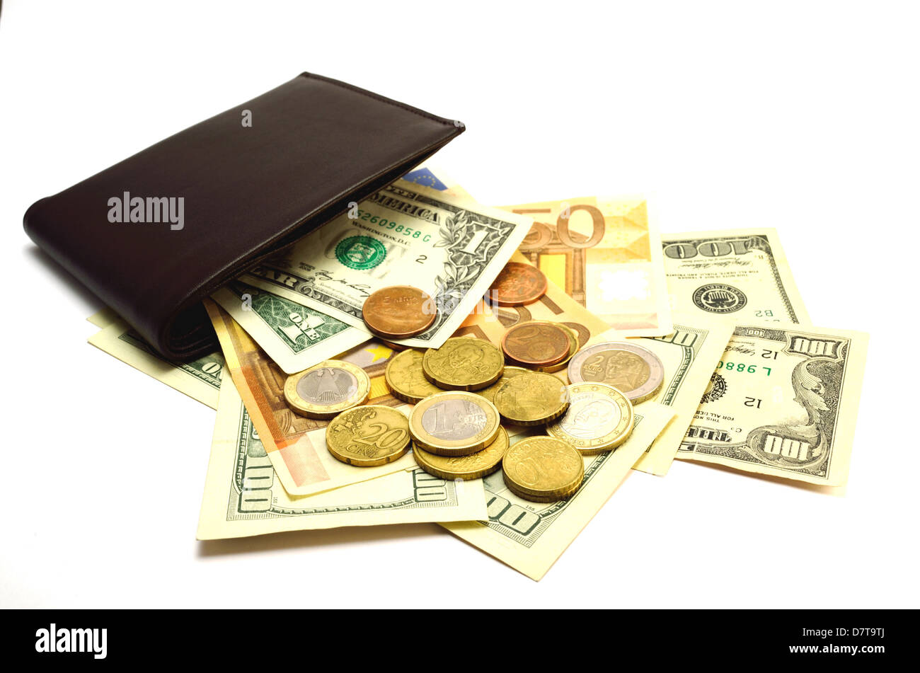 Purse with euro banknotes and coins on a white background Stock Photo ...