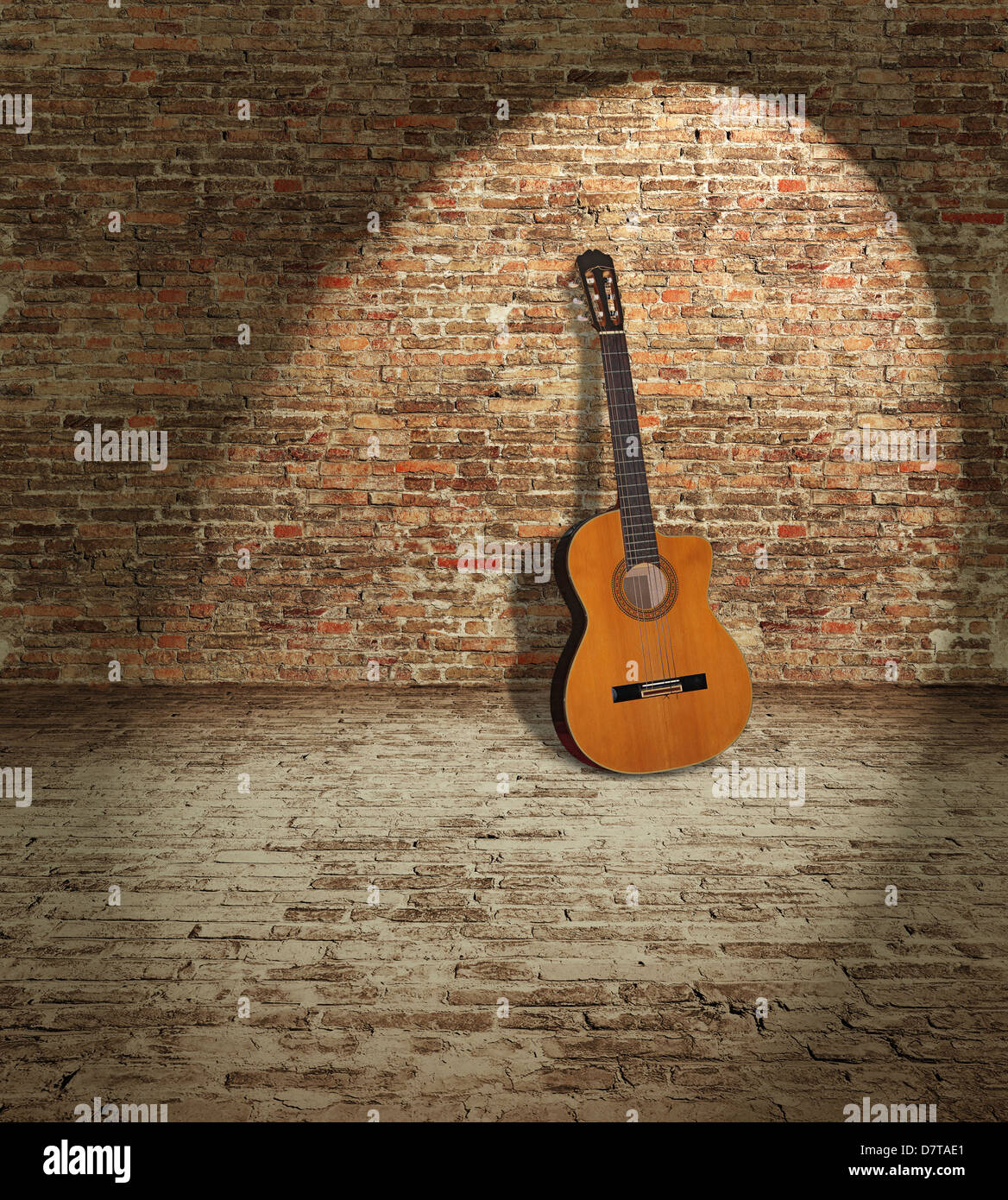 Old wooden guitar leaning against the brick wall Stock Photo - Alamy