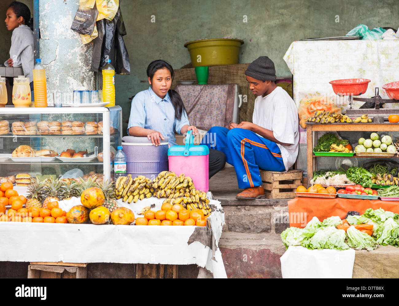 Roadside shop selling fresh fruit and vegetables and cakes and pastries ...