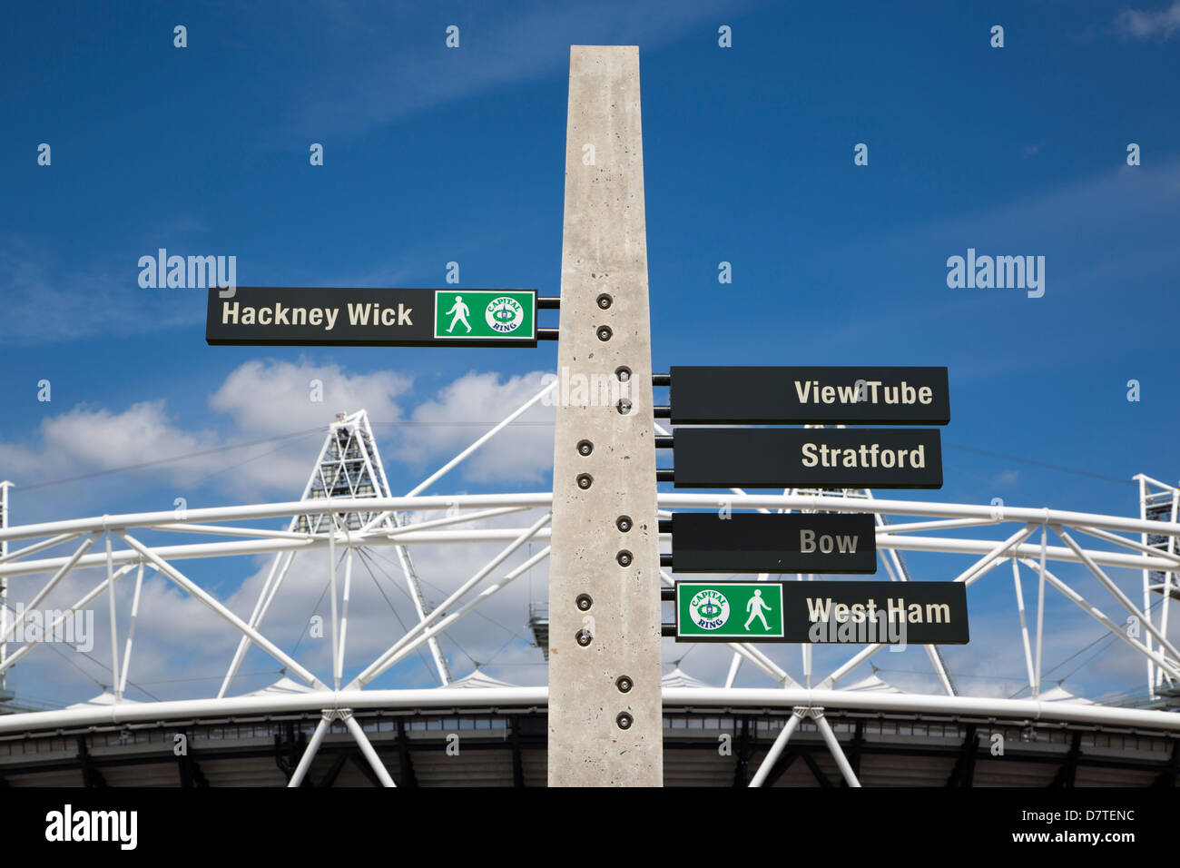 A photograph of a sign in front of the Olympic stadium in London Stock ...