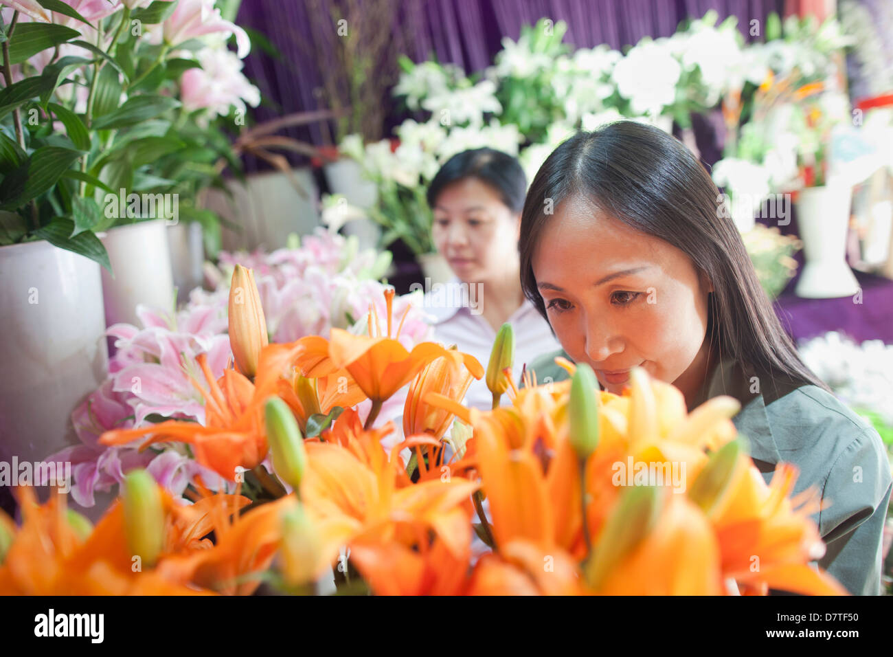 Two Mature women Looking At Flowers In Flower Shop Stock Photo - Alamy