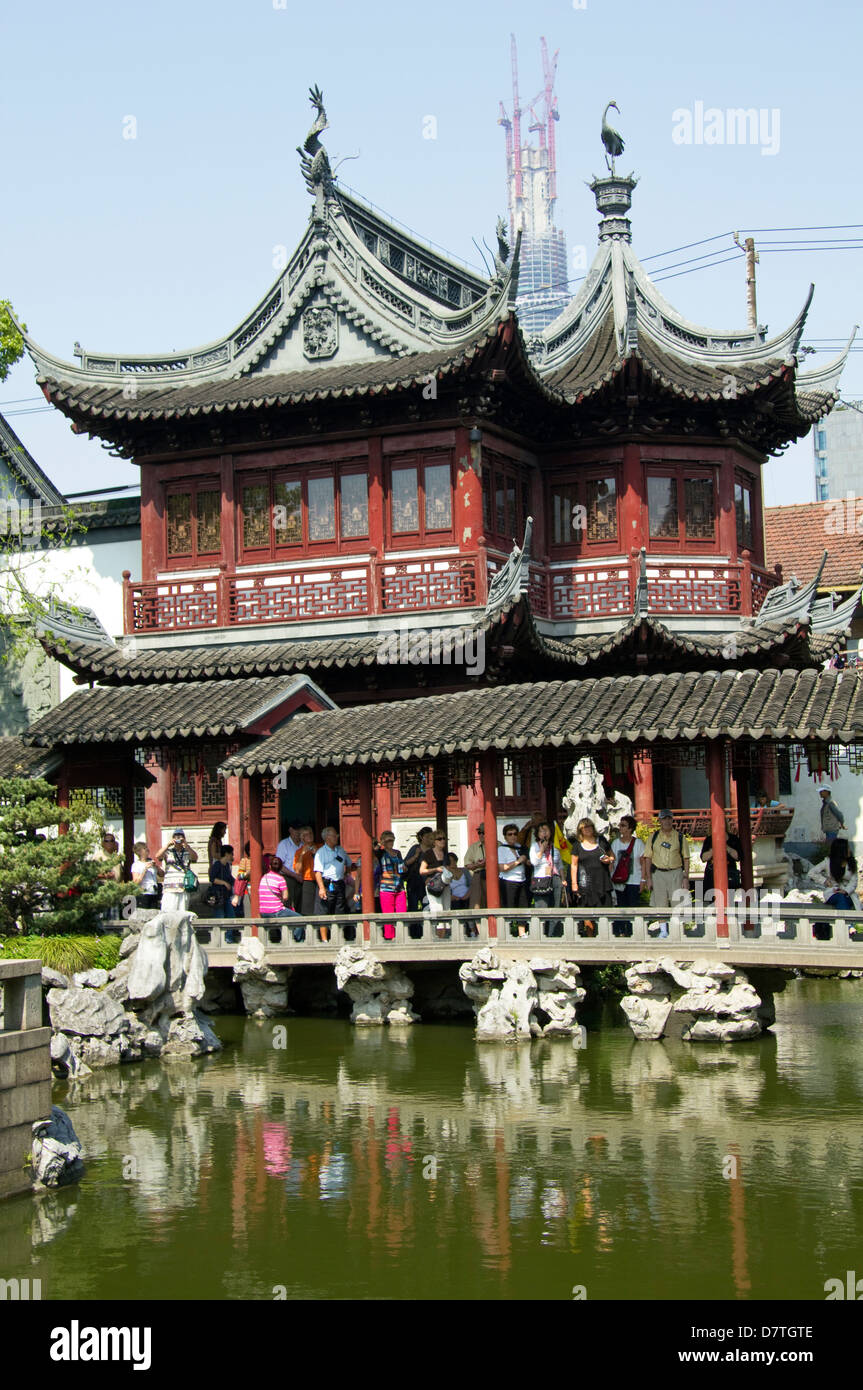 Pavilion bridge water upturned pagoda style red yu yuan gardens hi-res ...