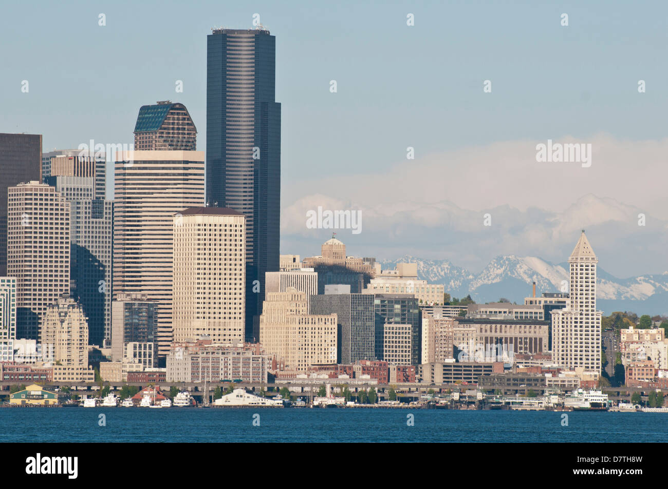 US, WA, Seattle. Downtown waterfront viewed from Elliott Bay Stock ...