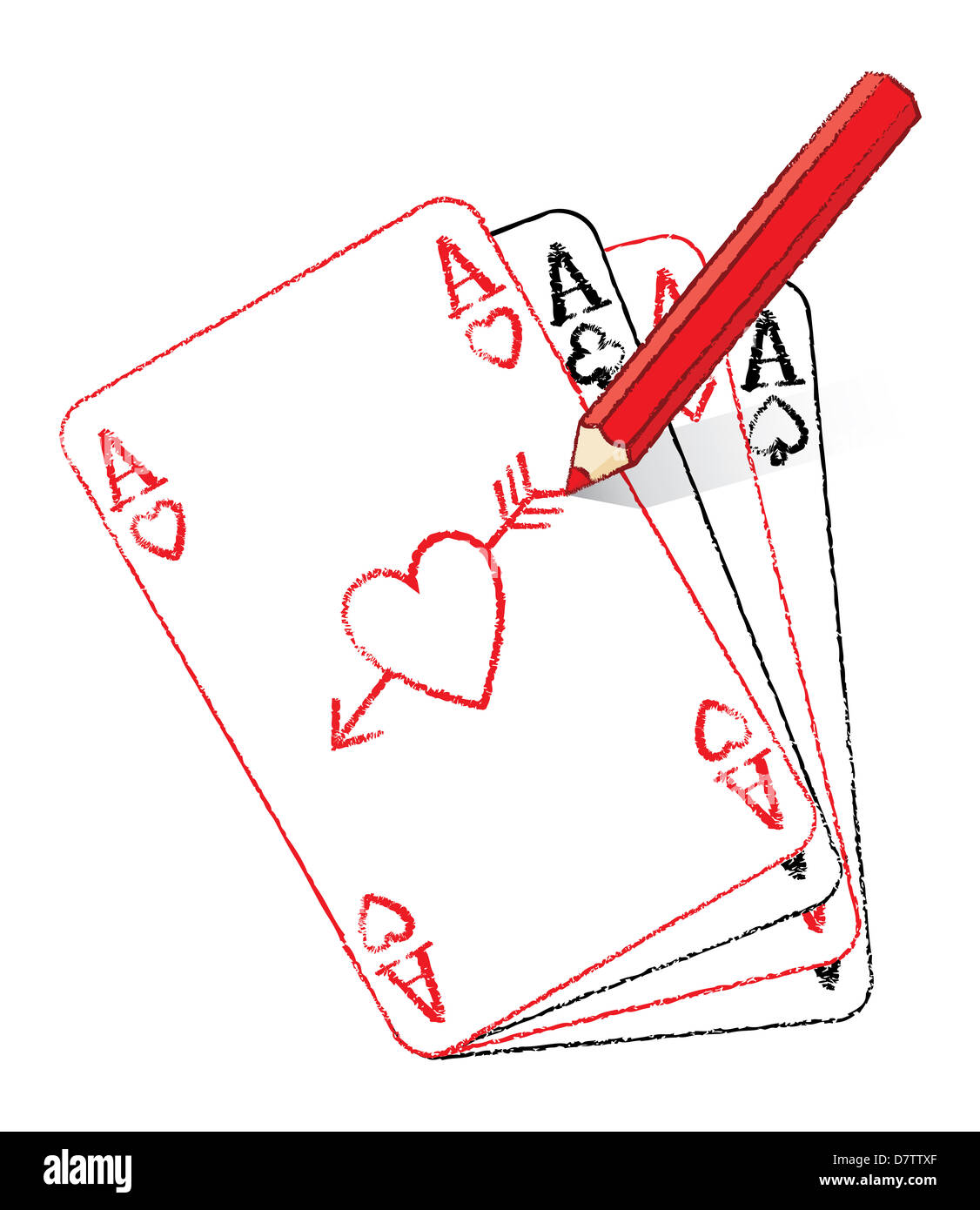 Red Pencil Drawing Various Ace of Hearts Playing Cards on a Fan of Aces ...