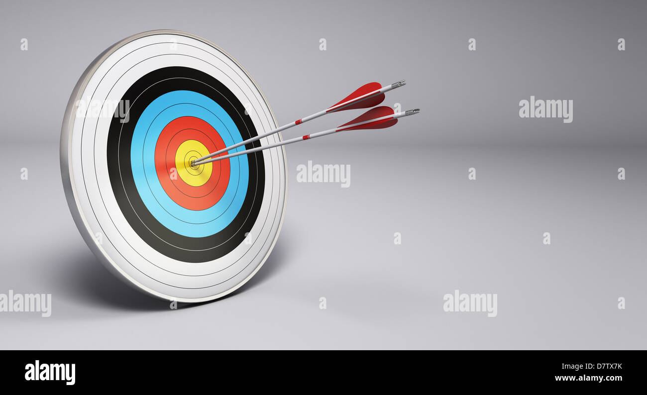 Two arrows hitting the center of a target, grey background. 3D render ...