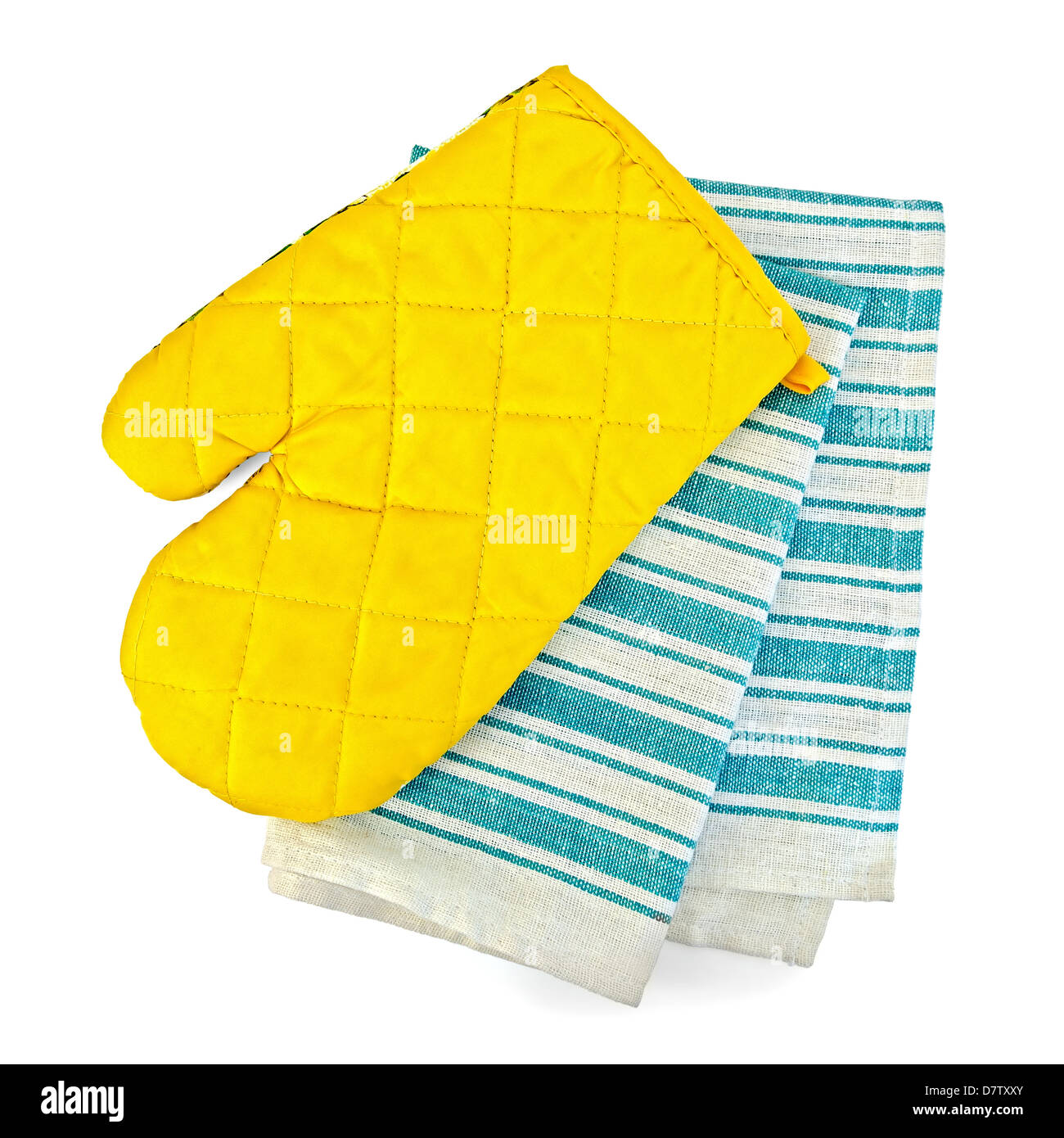 Kitchen towel, yellow potholder in the form of mitten isolated on white ...