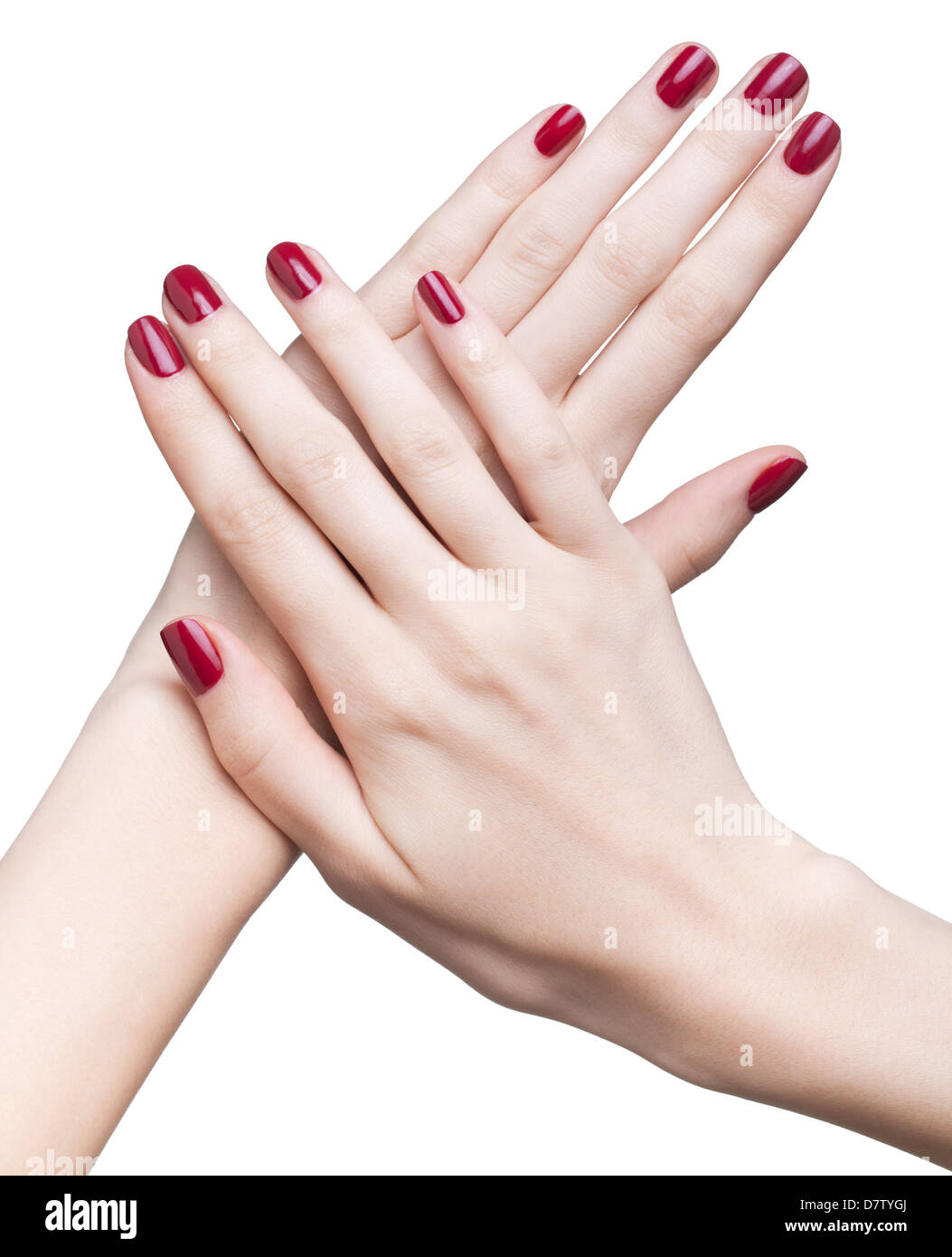 hands with woman's professional red nails manicure isolated on white ...