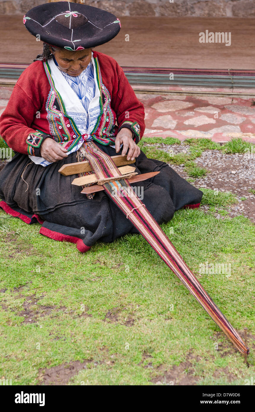 Inca woman using backstrap loom, Chinchero, Peru, South America Stock ...