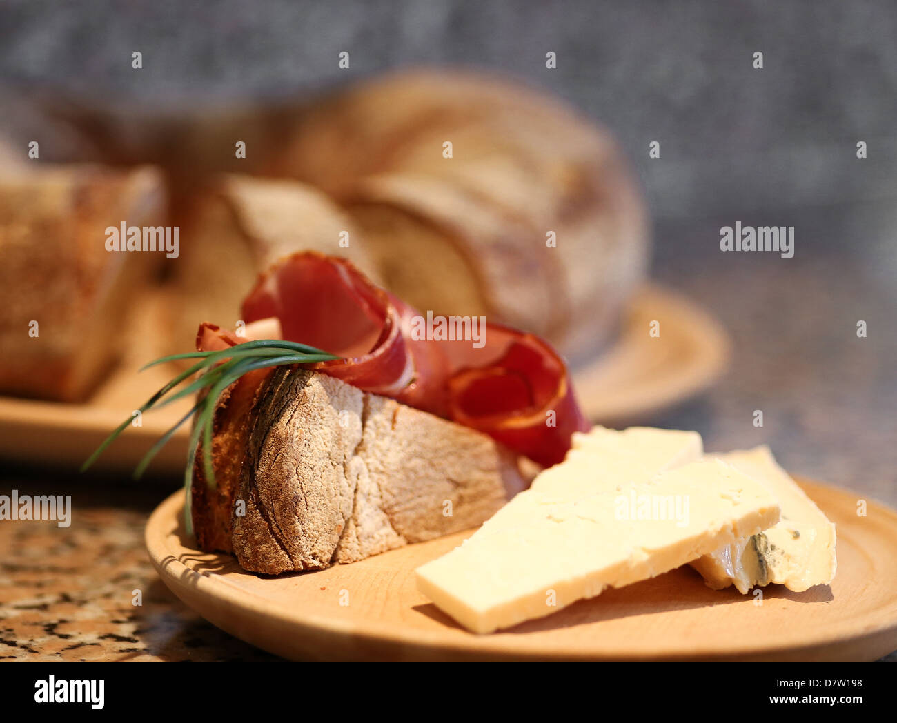 Healthy brunch with ham, bread, chives and cheese Stock Photo - Alamy