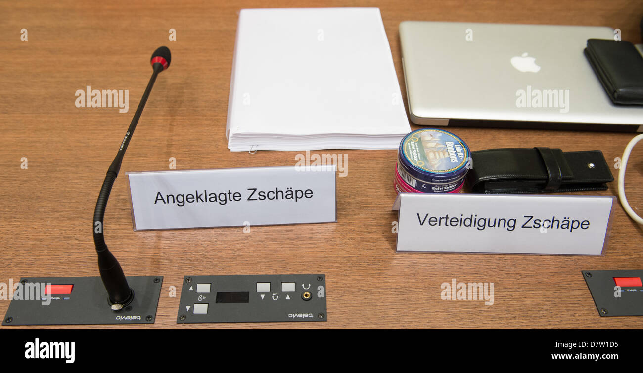Two name signs with the lettering 'Accused Zschaepe' and 'Defence ...