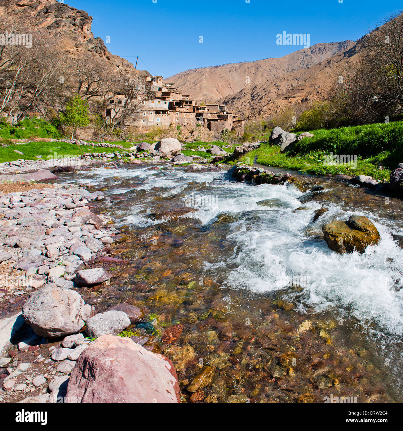 River running past Tizi n Tamatert and a Berber village, High Atlas ...