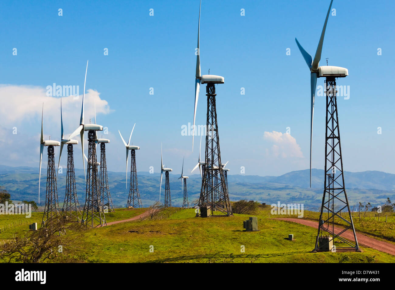 Some of the 55 20MW turbines at the Tilaran wind power farm in hills ...