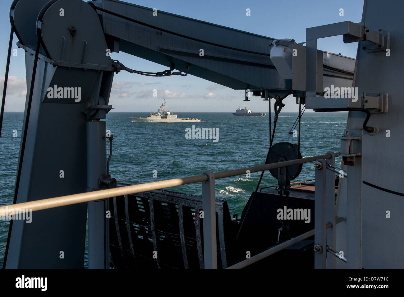 HMCS St John and HMLMS Rotterdam at sea looking past the starboard ...