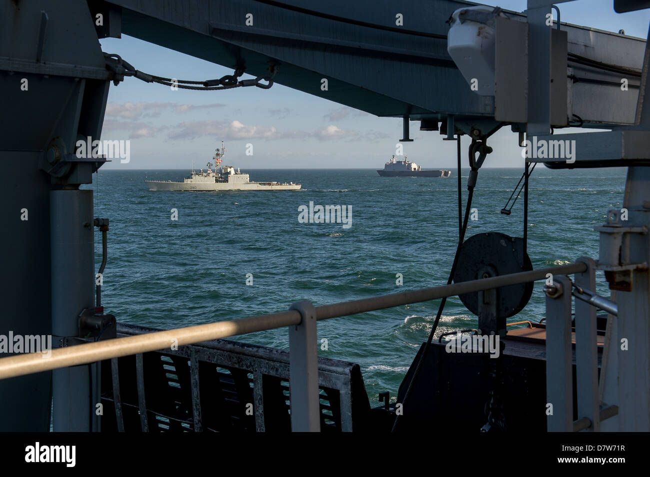 HMCS St John and HMLMS Rotterdam at sea looking past the starboard ...