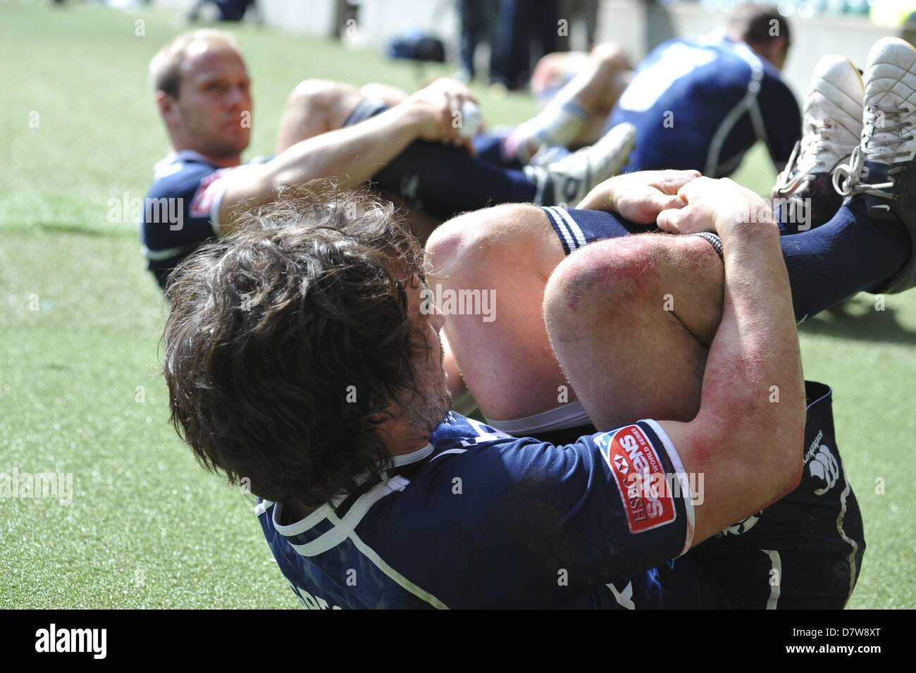 Members of the Scottish Rugby Sevens team warming up during the the ...