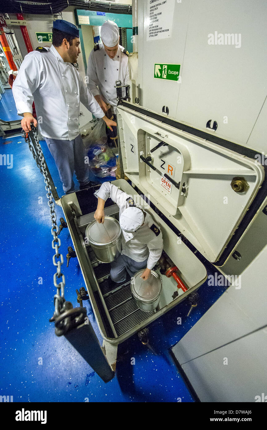 Chefs removing food waste onboard HMS Bulwark Stock Photo - Alamy