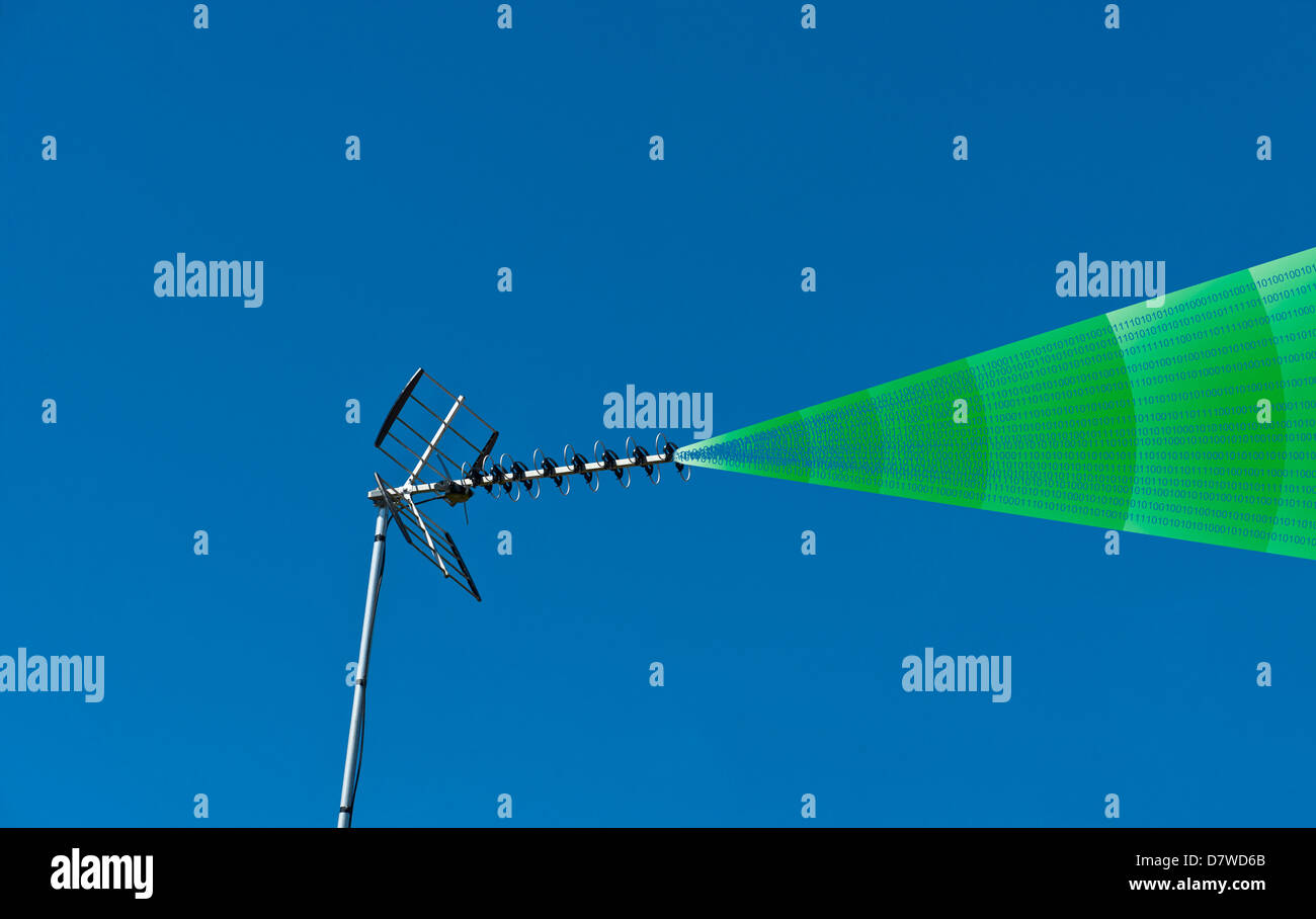 digital TV aerial blue sky green ray transmission concept binary digit ...