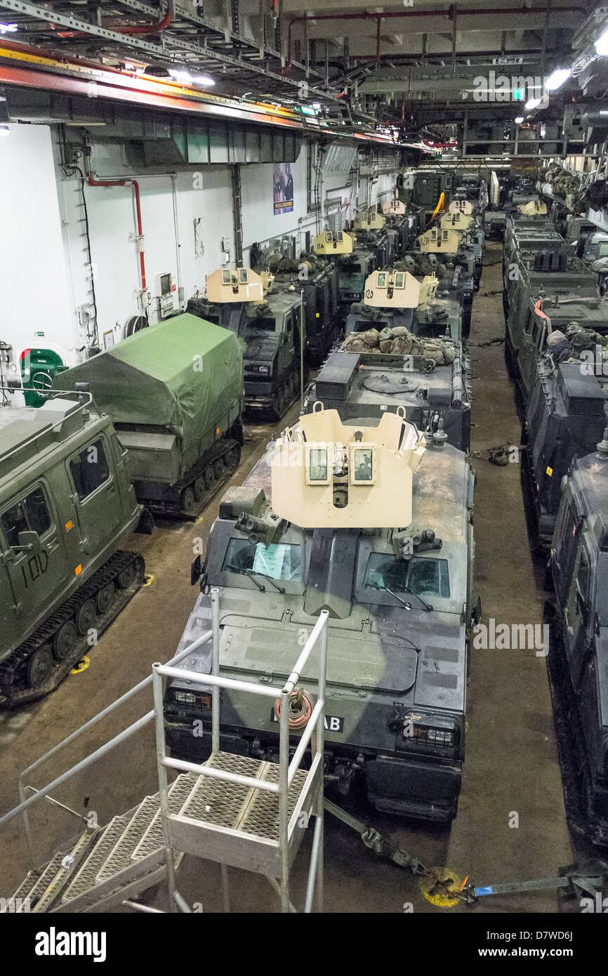 The Vehicle Deck onboard Assault Ship HMS Bulwark with Viking and BV ...