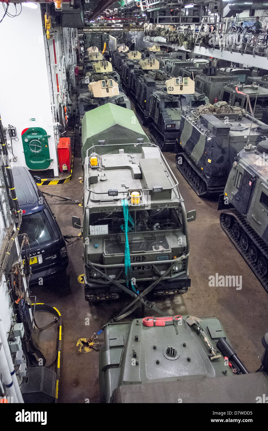 The Vehicle Deck onboard Assault Ship HMS Bulwark with Viking and BV ...