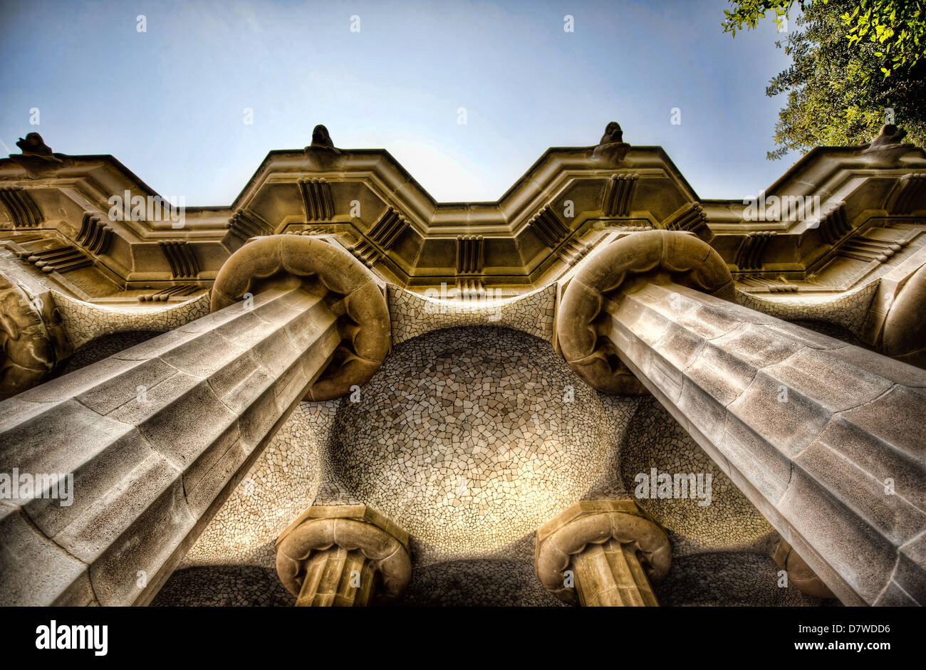 Looking up to the details of the columns in Parc Guell Stock Photo - Alamy