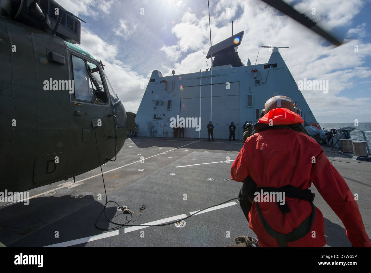 Landing on to HMS Diamond in a Royal Navy Sea King Nk4 Helicopter Stock ...