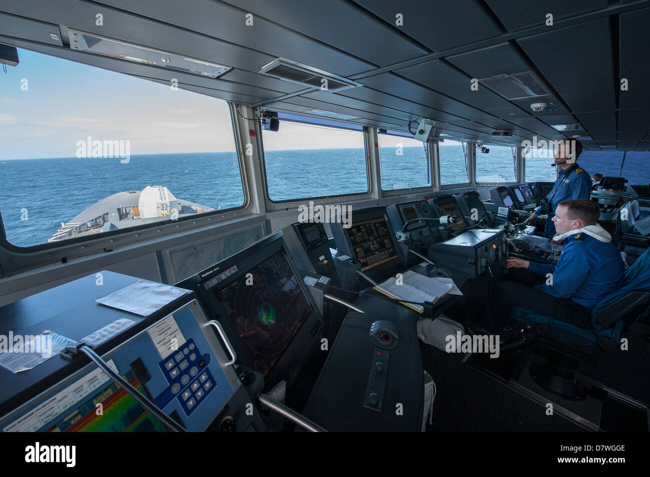 On the bridge of Royal Navy Type 45 destroyer HMS Diamond at sea with ...