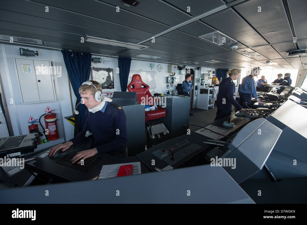 On the bridge of Royal Navy Type 45 destroyer HMS Diamond at sea with ...