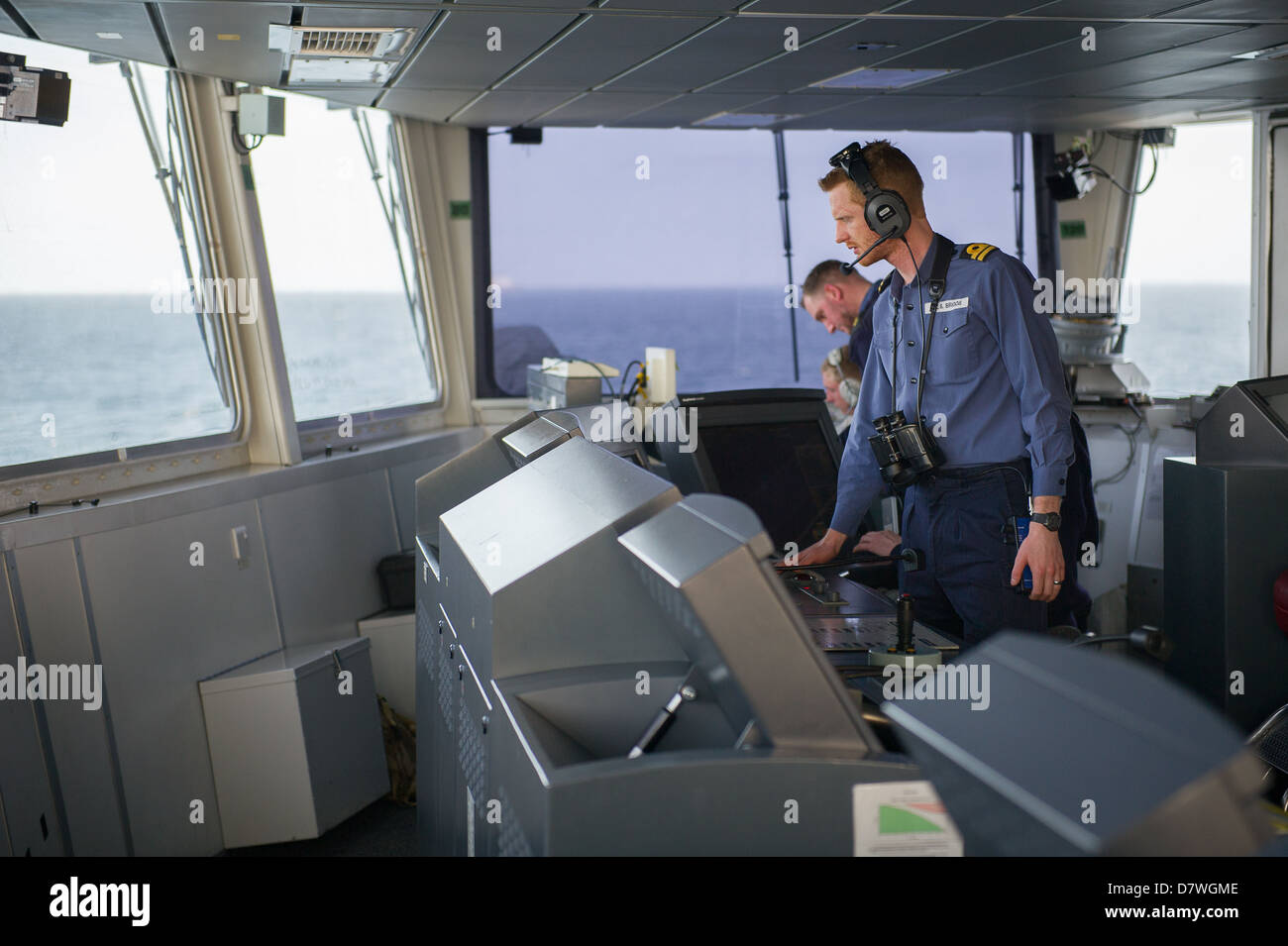 On the bridge of Royal Navy Type 45 destroyer HMS Diamond at sea with ...