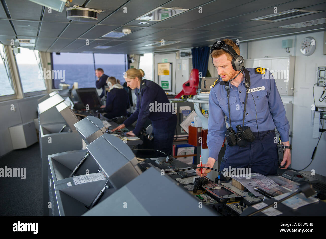 On the bridge of Royal Navy Type 45 destroyer HMS Diamond at sea with ...