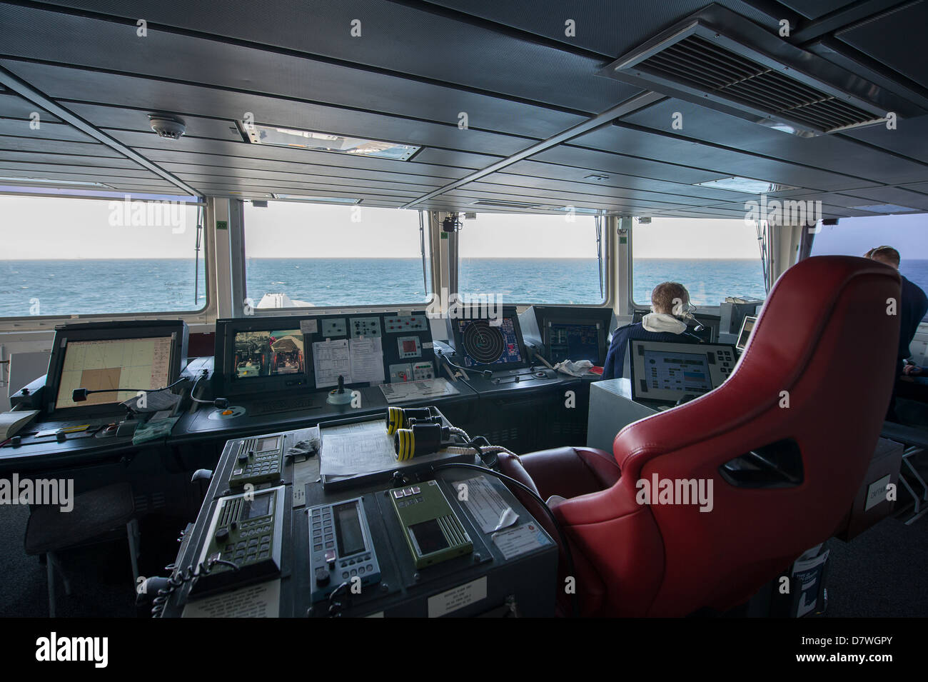 On the bridge of Royal Navy Type 45 destroyer HMS Diamond at sea with ...
