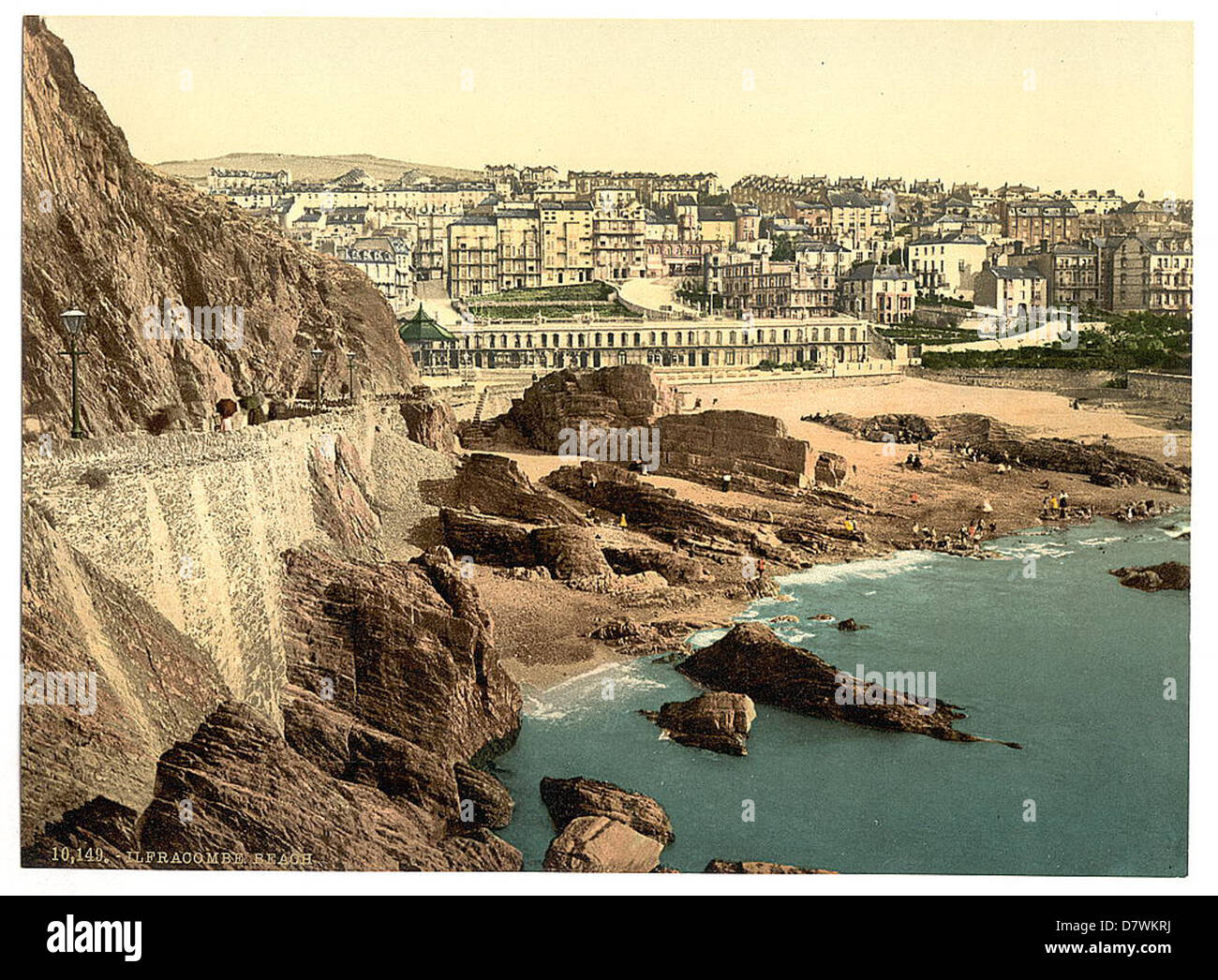 This image offers a view of the town and beach from Capstone, Ilfracombe, England. The ...