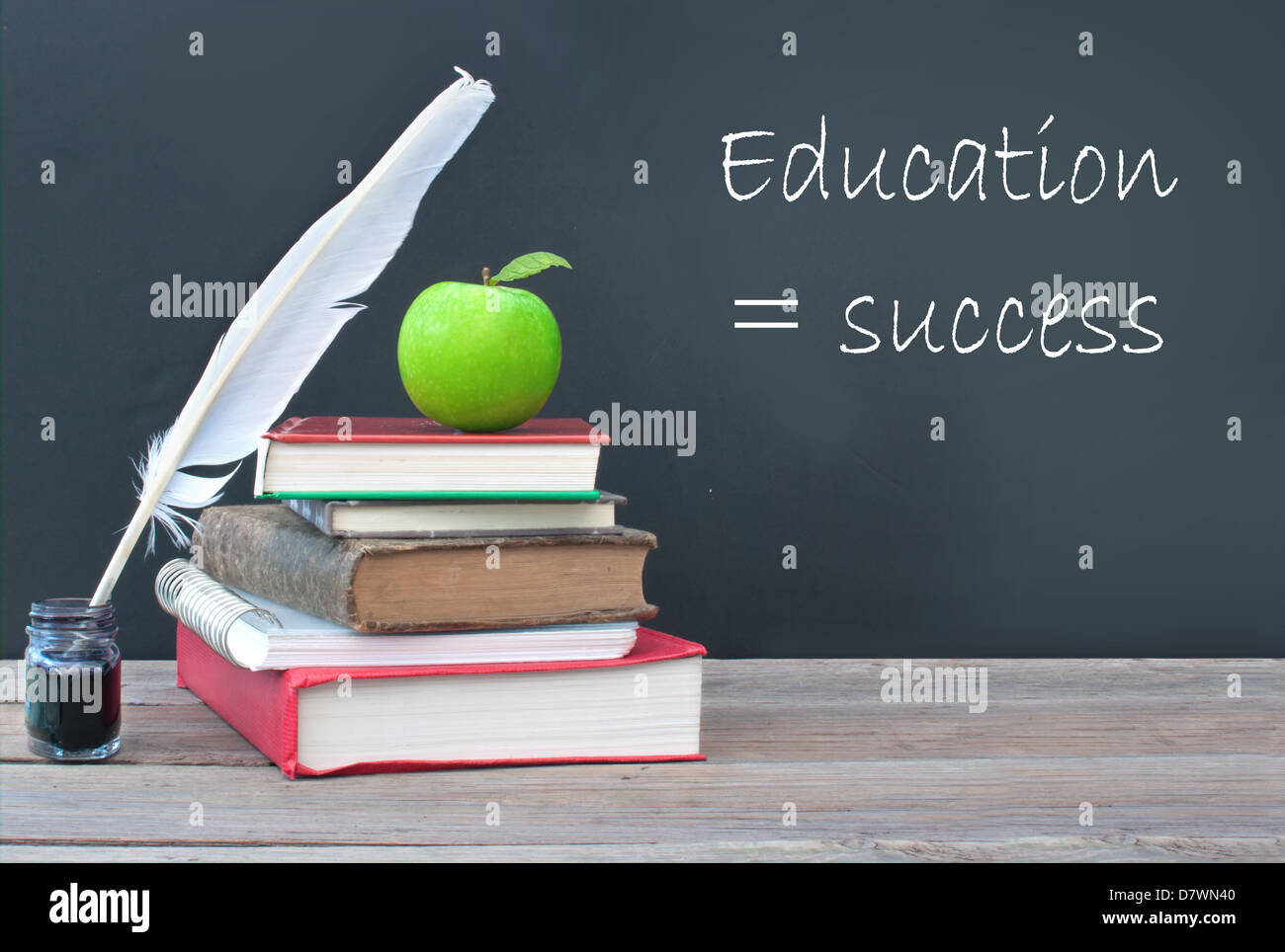 Education success written on a blackboard with a pile of books, quill ...