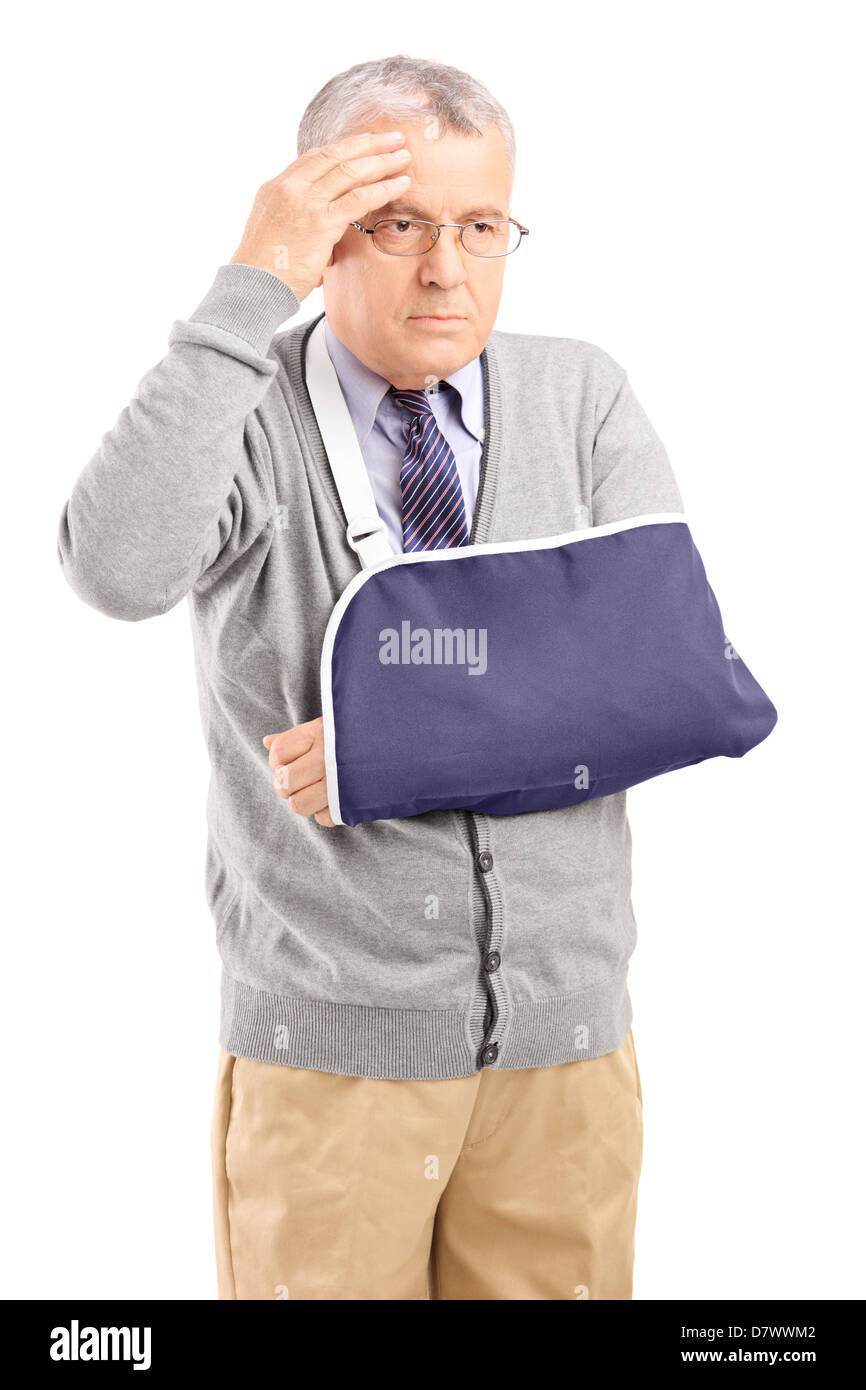 Middle aged man with a broken arm, isolated on white background Stock ...