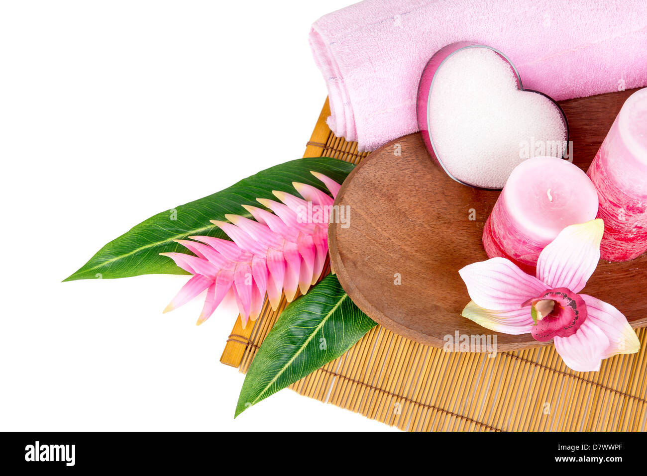 Spa setting in pink tone isolated in white Stock Photo - Alamy