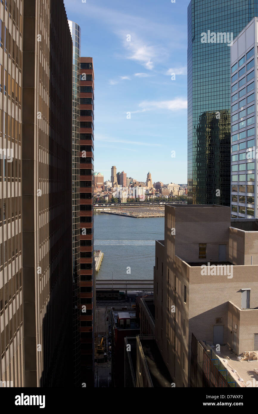 View through a canyon of high-rises from Manhattan's downtown Financial ...