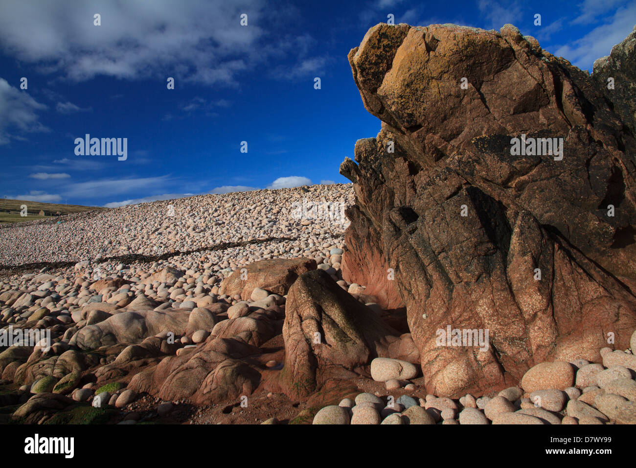 Rock formations on the pebble beach at Silwick, Shetland Islands ...