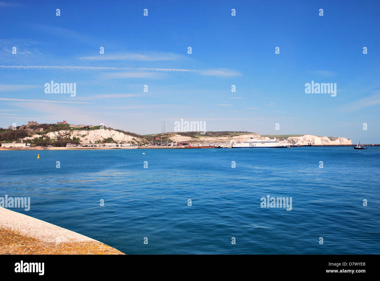 A view of the White Cliffs of Dover, Dover Castle and the port of Dover ...