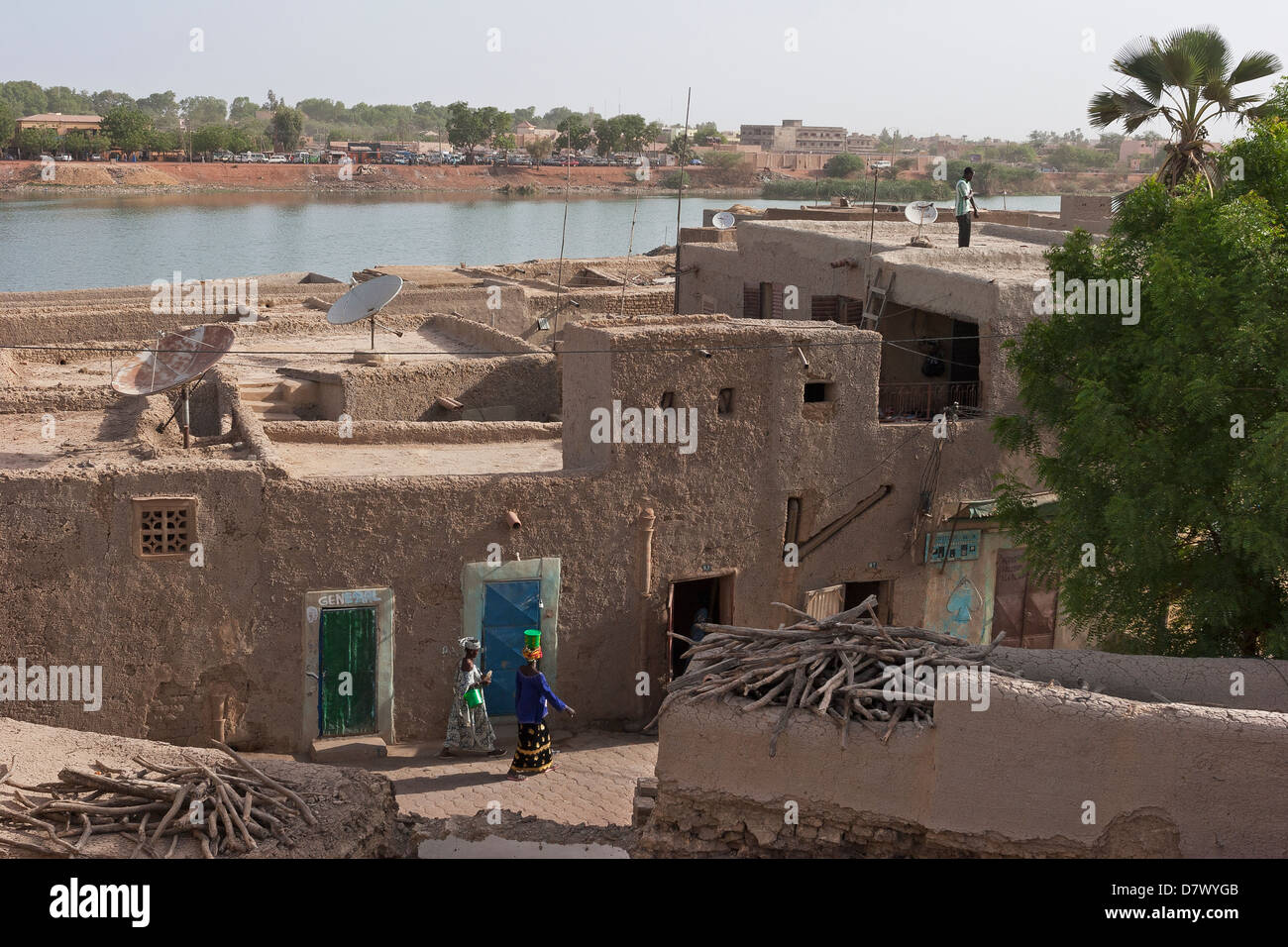 View over street and roof tops of traditionally built earthen mud ...